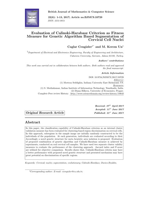 Pdf Evaluation Of Calinski Harabasz Criterion As Fitness Measure For Genetic Algorithm Based