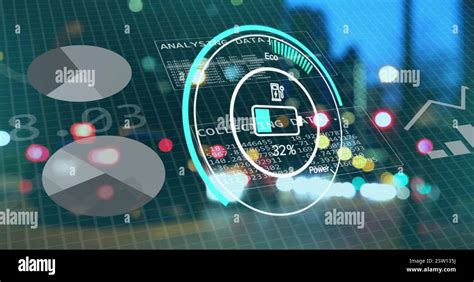 Image Of Electric Car Charging Interface And Data Charts Over City