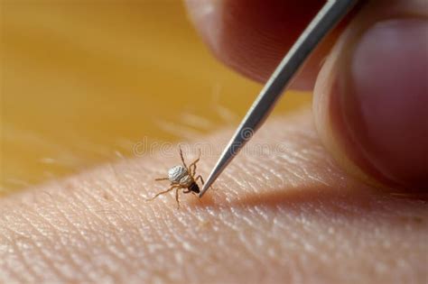 Removing A Tick From Human Skin With Tweezers Close Up Of Tick Bite