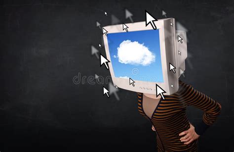 Woman With Monitor Screen And Cloud Computing On The Screen Stock Image