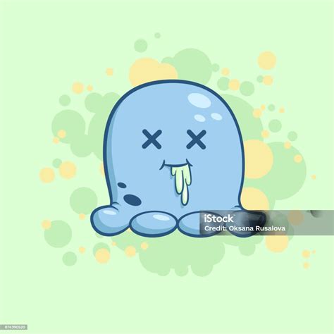벡터 만화 녹색 얼룩 배경에 메스꺼움과 아픈 괴물의 그림 원래 웹 게임 또는 의료 기사 만들 개체 이미지 걱정하는에 대한 스톡
