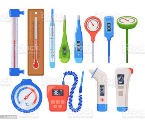 다양한 설정에서 온도를 측정하는 데 사용되는 온도계 유형 디지털 적외선 유리 바이메탈 및 수은 설정 0명에 대한 스톡 벡터 아트