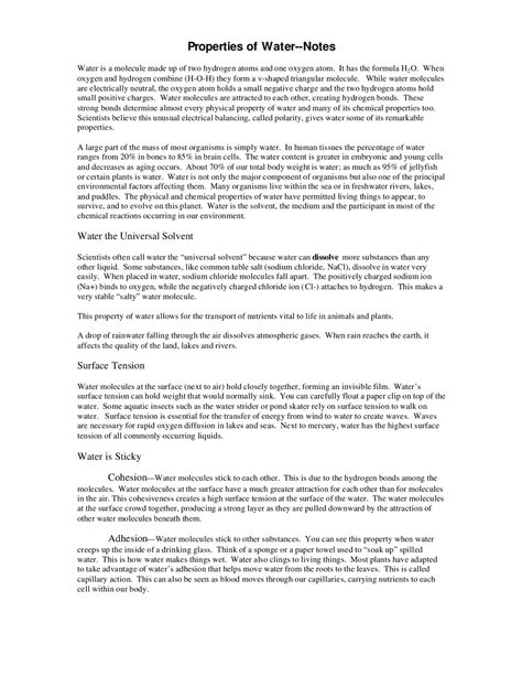 Properties Of Water Notes Lecture Notes Chemical Processes Docsity