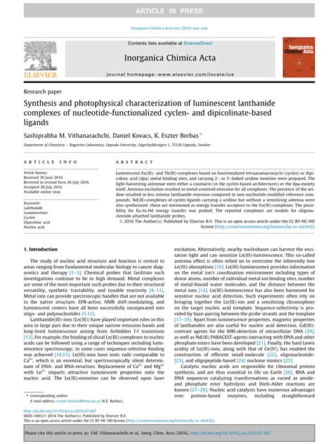 Pdf Synthesis And Photophysical Characterization Of Luminescent Lanthanide Complexes Of