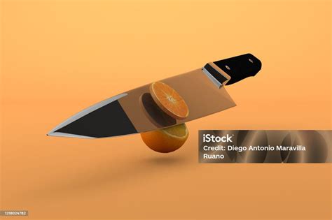 오렌지 색 의 과일은 오렌지 배경에 고립 된 금속 칼로 조각으로 잘라 3d 렌더 여름 과일 컨셉 0명에 대한 스톡 사진 및 기타