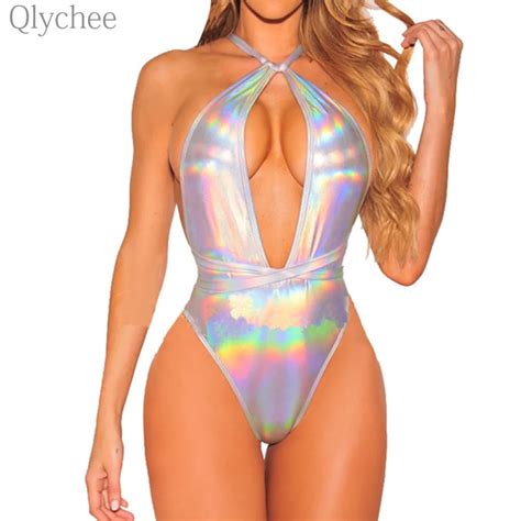 Qlychee Sexy Women Skinny Holographic Silver Bodysuit Vinyl Fabric