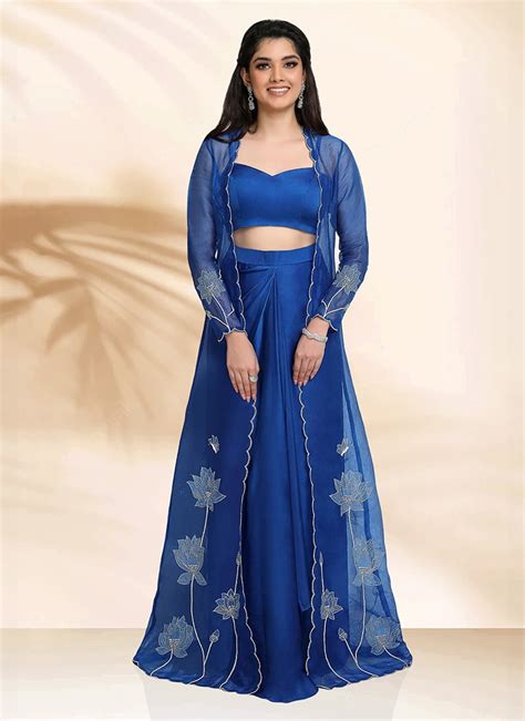 Blue Satin Blend Embroidered Indo Western Iwsumcaa033