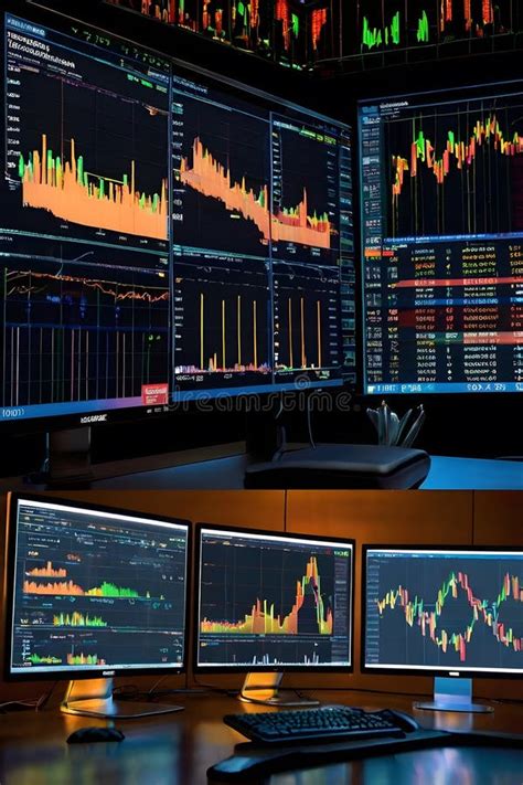 High Tech Stock Market Trading Room Multiple Monitors Displaying Real Time Financial Data And