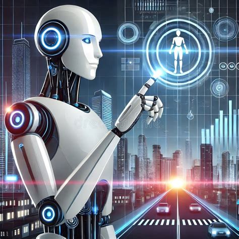 Robotic Android Processing Workforce Data Within Sleek Metropolitan Environment Featuring