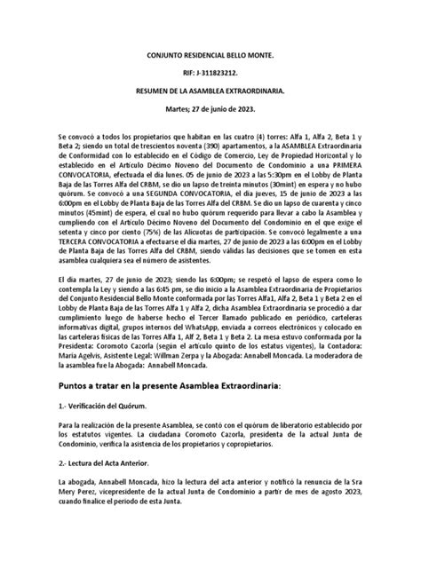 Resumen Asamblea 27 06 2023 Pdf Condominio