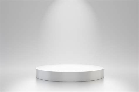 스포트 라이트 제품 선반과 간단한 벽에 흰색 스튜디오 템플릿 및 원형 받침대 광고를위한 빈 스튜디오 연단 3d 렌더링 프리미엄 사진