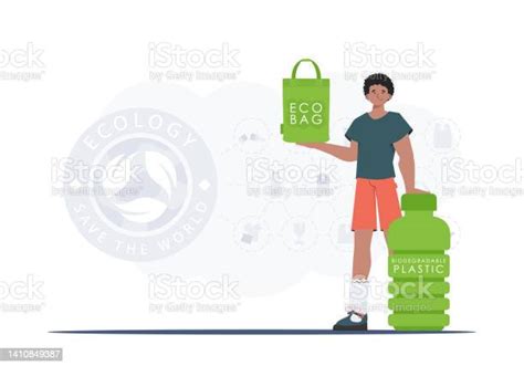 생태학과 환경 보호의 개념 그 남자는 Eco Bag를 손에 들고 있습니다 트렌드 스타일 벡터 일러스트레이션 0에 대한 스톡 벡터