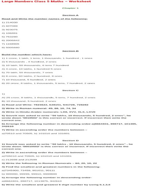 Large Numbers Class 5 Maths Worksheet Pdf