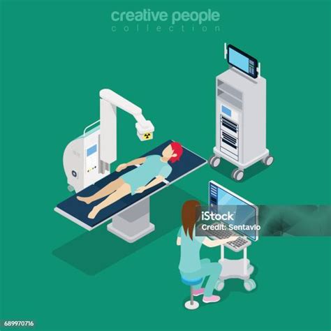 아이소메트릭 의료 병원 컴퓨터 진단 테스트 환자 여자 현대 장비 의사 운영자입니다 평면 3 차원 아이소메트리 스타일 웹 사이트