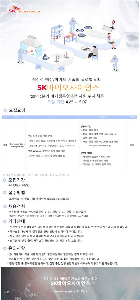 Sk바이오사이언스 채용공고 23년 2분기 마케팅운영 경력사원 수시 채용 2023년 채용