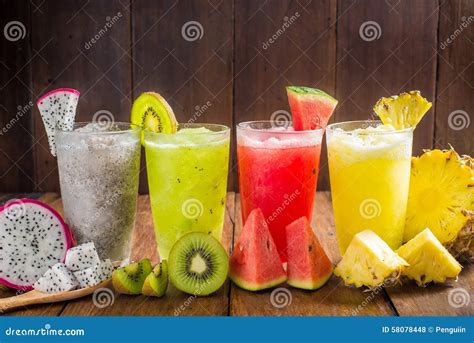 Fruit Smoothies With Dragon Fruit Kiwi Watermelon Pineapple O Stock