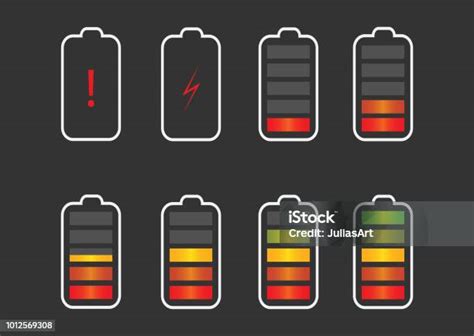 向量插圖電池充電狀態指示器圖示設置不同級別的充電電話的電池向量圖形及更多低圖片 低 充電 圖標集 Istock