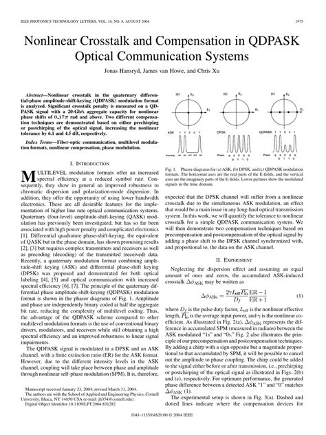 Pdf Nonlinear Crosstalk And Compensation In Qdpask Optical