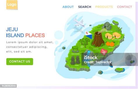 제주도는 방문 페이지 템플릿을 배치합니다 랜드마크로 한국 여행 아이콘 지도 그림 제주도에 대한 스톡 벡터 아트 및 기타 이미지 제주도 개념 건축 Istock