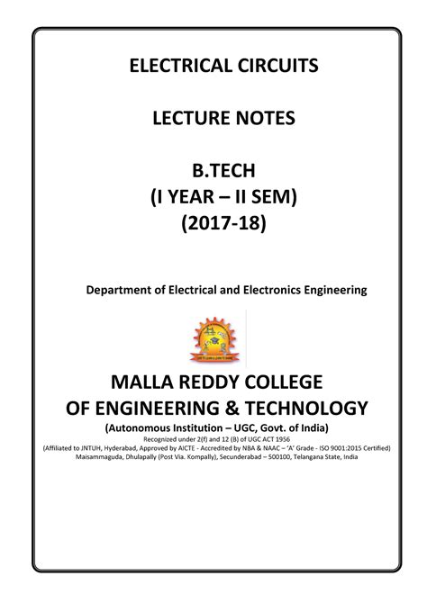 1 Electrical Circuits Lecture Notes Author Malla Reddy Engineering