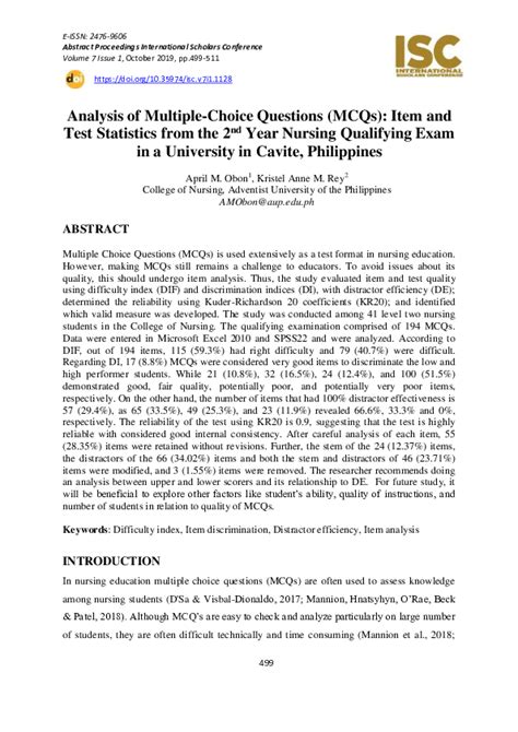 Pdf Analysis Of Multiple Choice Questions Mcqs Item And Test