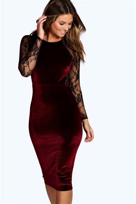 Shea Velvet And Lace Long Sleeve Bodycon Dress Boohoo