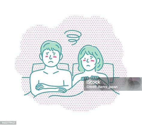 침대 에있는 젊은 부부의 벡터 일러스트 레이 션 우울증 실망 관능에 대한 스톡 벡터 아트 및 기타 이미지 관능 문제 2명