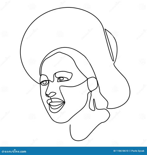 Happy Woman In Hat Laughing One Line Art Portrait Joyful Female Facial