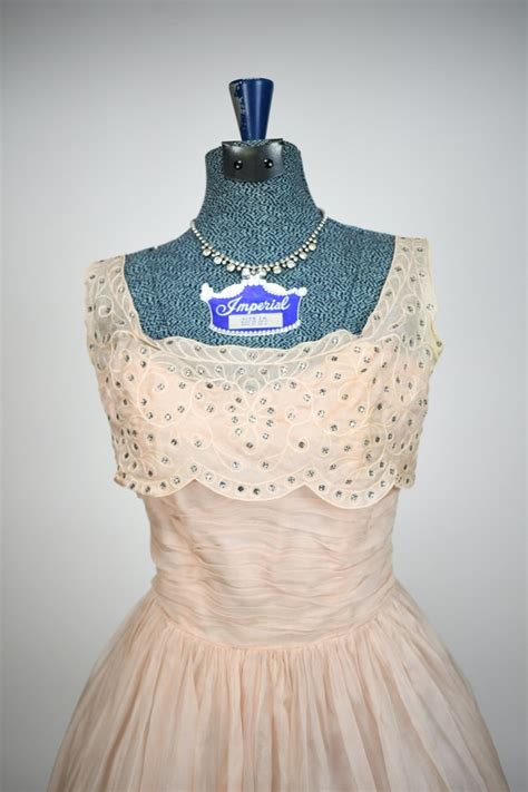 1950s Pale Pink Tulle Partyprom Dress With Rhineston Gem