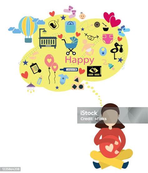 플랫 디자인 유모차 기저귀 유아용 침대 젖꼭지 스냅 샷 몸 죽 임신 한 여성과 아기에 대한 그녀의 생각과 현대 배너 만화