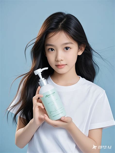 12岁少年模特，中国亚洲女孩，穿着白色t恤，长长的头发，正脸角度，手里拿一瓶洗发水，中景半身镜头，摄影拍摄，背景干净，写实，相机拍摄，光线柔和