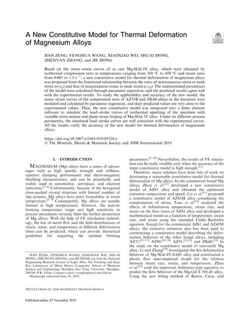 Pdf A New Constitutive Model For Thermal Deformation Of Magnesium Alloys