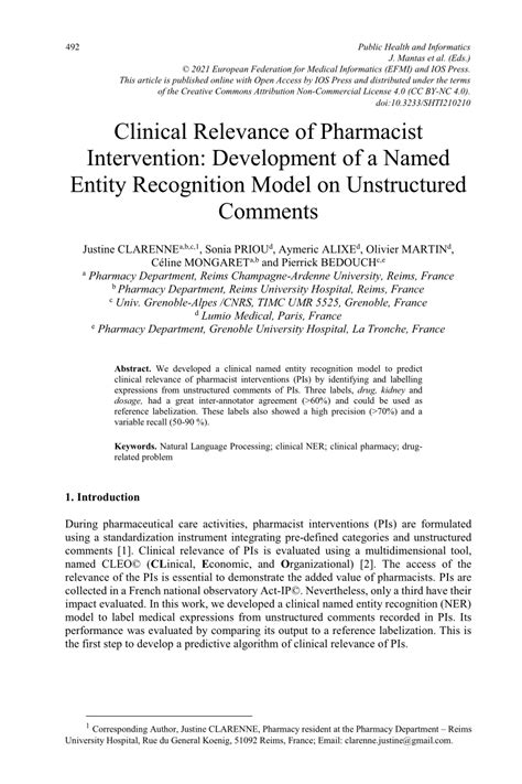 PDF Clinical Relevance Of Pharmacist Intervention Development Of A Named Entity Recognition