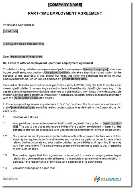 Part Time Contract Template Word
