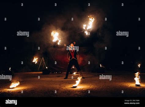 Night Performance Open Air Fire Show With Dangerous Kerosene Stock