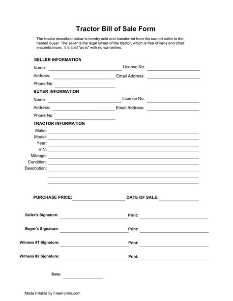 Free Printable Tractor Bill Of Sale Templates Pdf Word