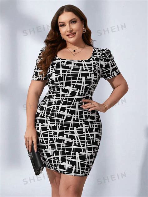 SHEIN Clasi Plus Allover Print Puff Sleeve Bodycon Dress SHEIN USA