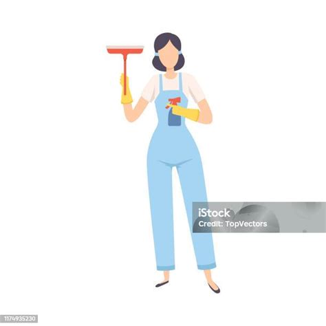 여성 전문 청소기 서 와 스퀴지 및 분무기 병 청소 회사 직원 캐릭터 옷을 입고 유니폼 과 장비 플랫 벡터 일러스트 멜빵 바지에