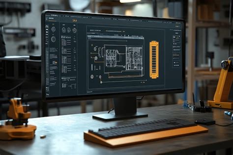 A Modern Workstation With A Schematic Diagram On The Screen Premium