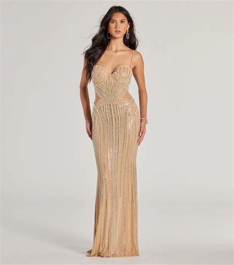 Gianna Rhinestone Pearl Sheer Mesh Formal Dress And Windsor
