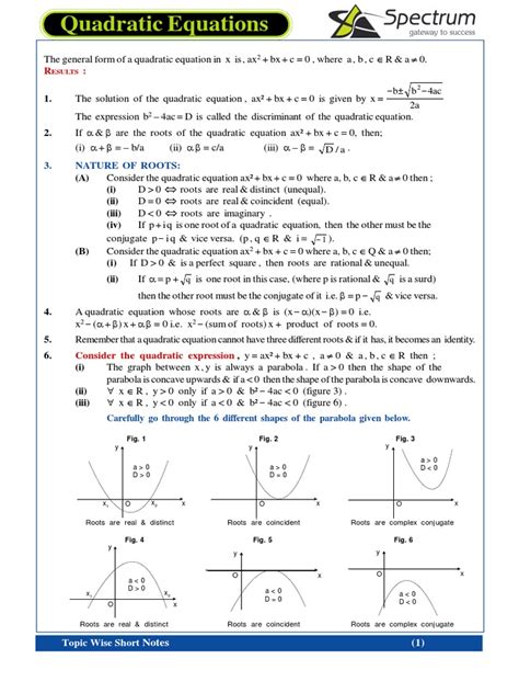 Quadratic Equation Short Notes Pdf Quadratic Equation Factorization