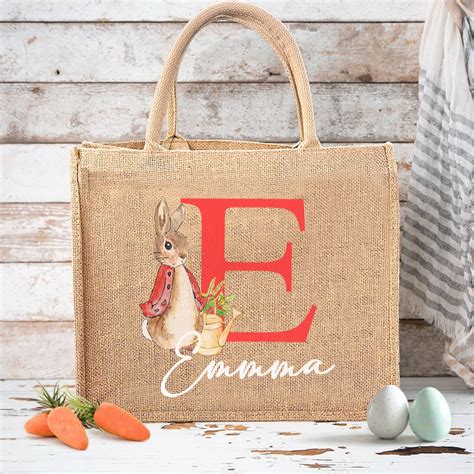 Personalized Initial And Name Bunny Easter Jute Bag Candy And Easter Egg Storage Beach Shopping