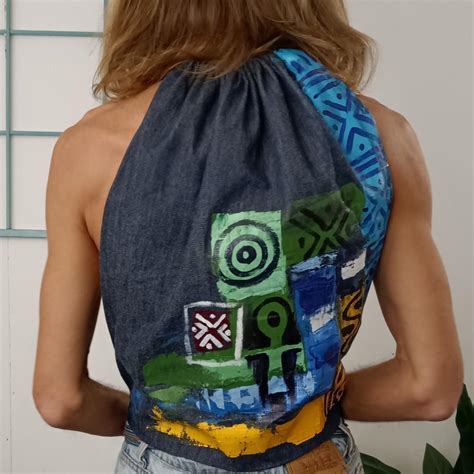 Simple Denim Drawstring Bag With Excellent Artwork Depop