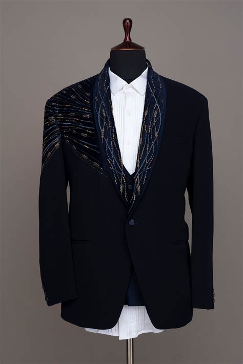Buy Dark Midnight Blue Cutdana Embroidered Italian Tuxedo Suit Online