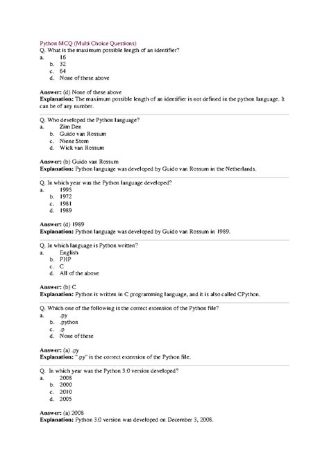 Python And Ml Mcq Python Mcq Multi Choice Questions Q What Is The