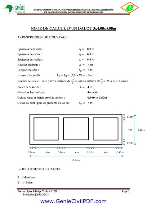 Note de calcul dalot SUR LAXE BOTOU BOULEL DANS LA REGION EST DU BURKINA FASO Présenté par