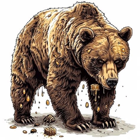 Massive Bear Standing Proudly With A Beehive Honey Dripping From Its