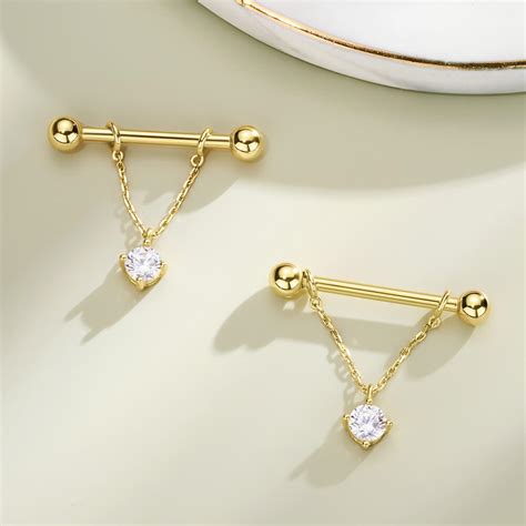 Oufer 2pcs 14k Solid Gold Pierced Nipple Chain With Gemstone Dangle