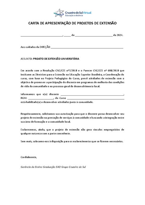 Modelo Carta de Apresentação Extensão CARTA DE APRESENTAÇÃO DE