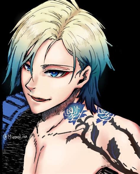 An Anime Character With Blue Hair And Tattoos On His Chest Is Looking